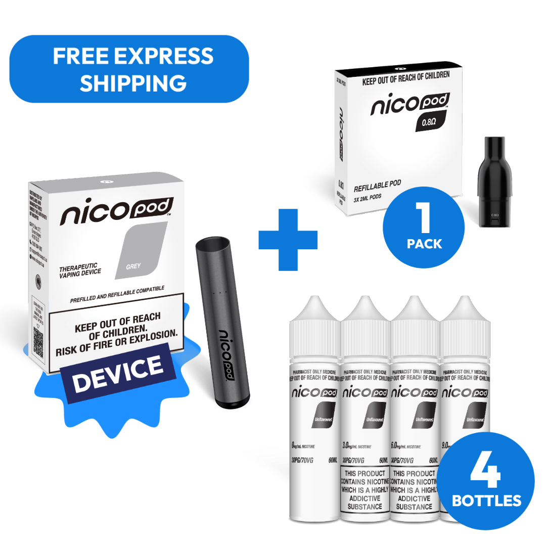 NICOPOD® DEVICE & UNFLAVOURED FREEBASE 4 BOTTLE STARTER PACK