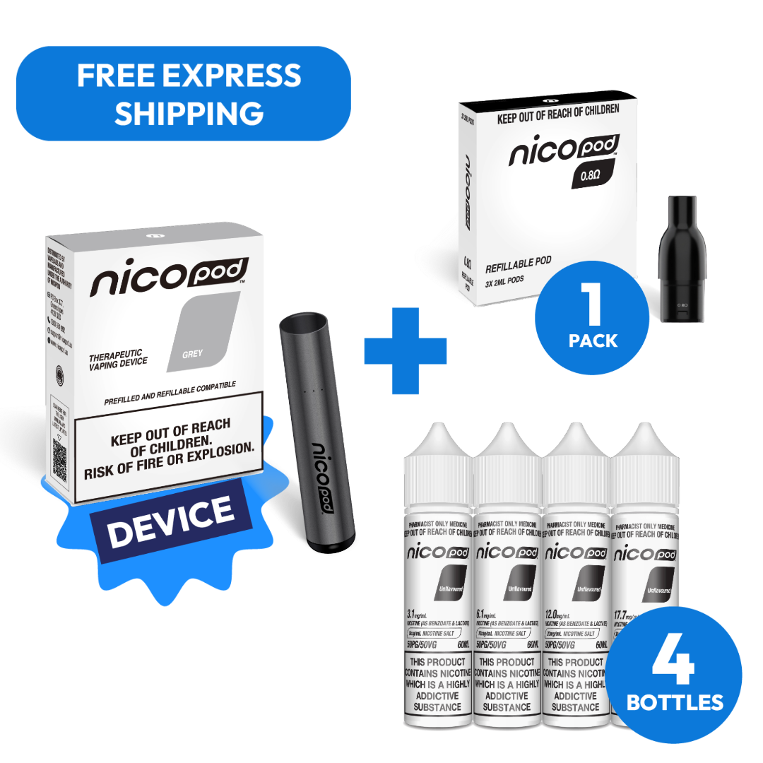 NICOPOD® DEVICE & UNFLAVOURED NICOTINE SALTS 4 BOTTLE STARTER PACK