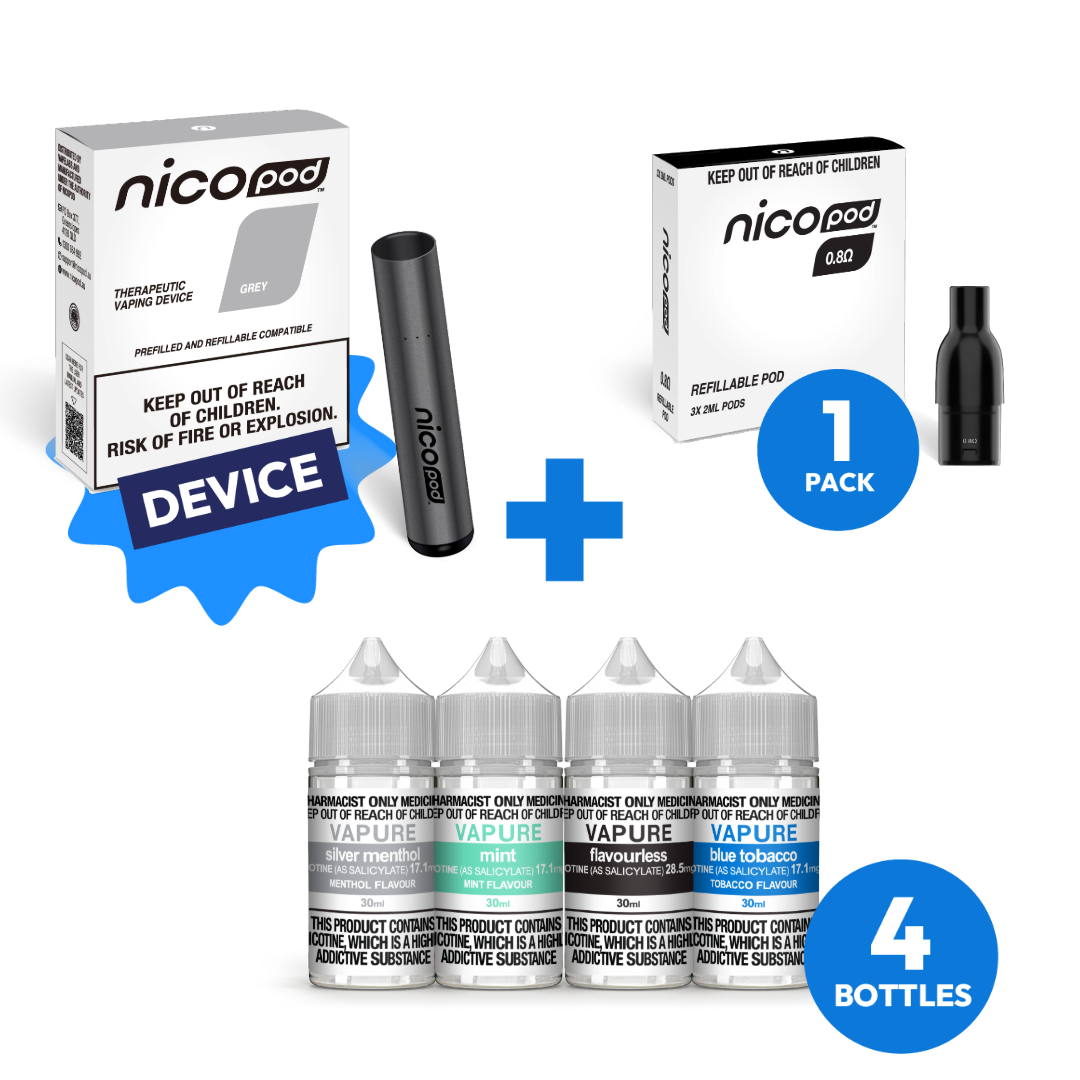 NICOPOD® DEVICE & VAPURE NICOTINE SALTS 4 BOTTLE STARTER PACK